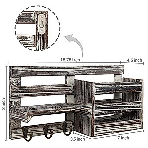 MyGift Wall Mounted Wooden Entryway Mail Holder and Key Organizer Rack with Rustic Torched Wood Finish, 3 Key Hooks and Decorative Display Shelf