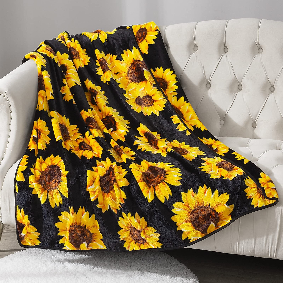Sunflower Blankets Gifts for Women, Double-Sided Throw Blanket, Birthday Gifts for Girls, Lightweight Flannel Cozy Plush for Adult Kids, Sunflowers Girly Bedroom Decor (Black and Yellow)50x60 inch