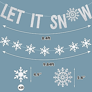 2 Pieces Let It Snow Banner, Glitter Winter Snowflake Banner and White Snowflake Hanging Garland Flag for Holiday Wall Decoration Christmas Party Supply