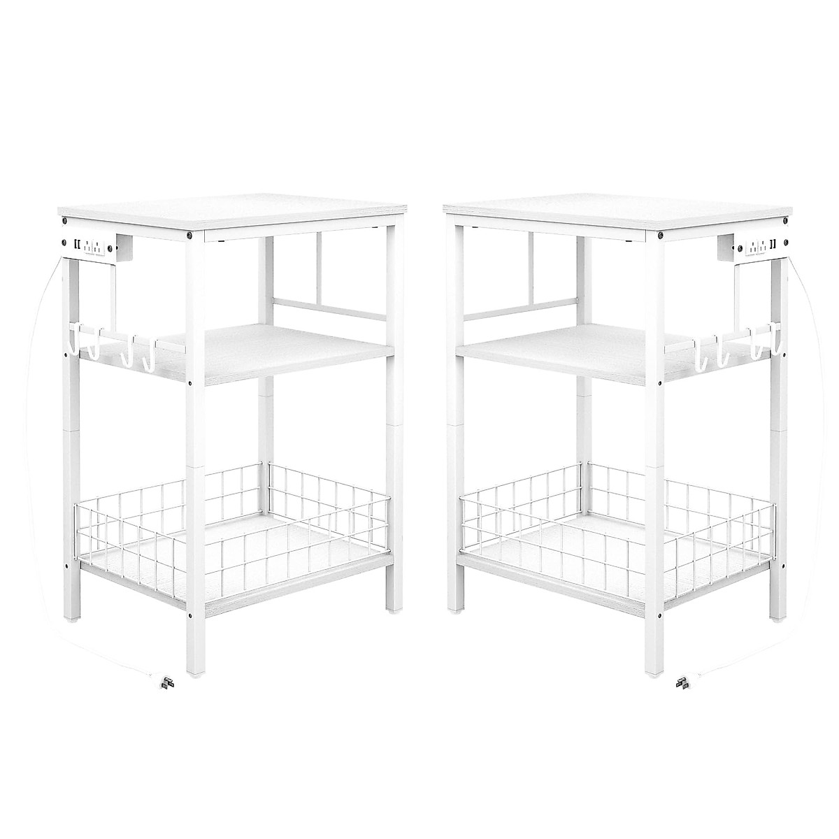 MOFAIN End Table with Charging Station and USB Ports, 3-Tier Table Shelf with Storage and Hooks, Side Table for Small Space in Living Room, Bedroom and Balcony (White,2)