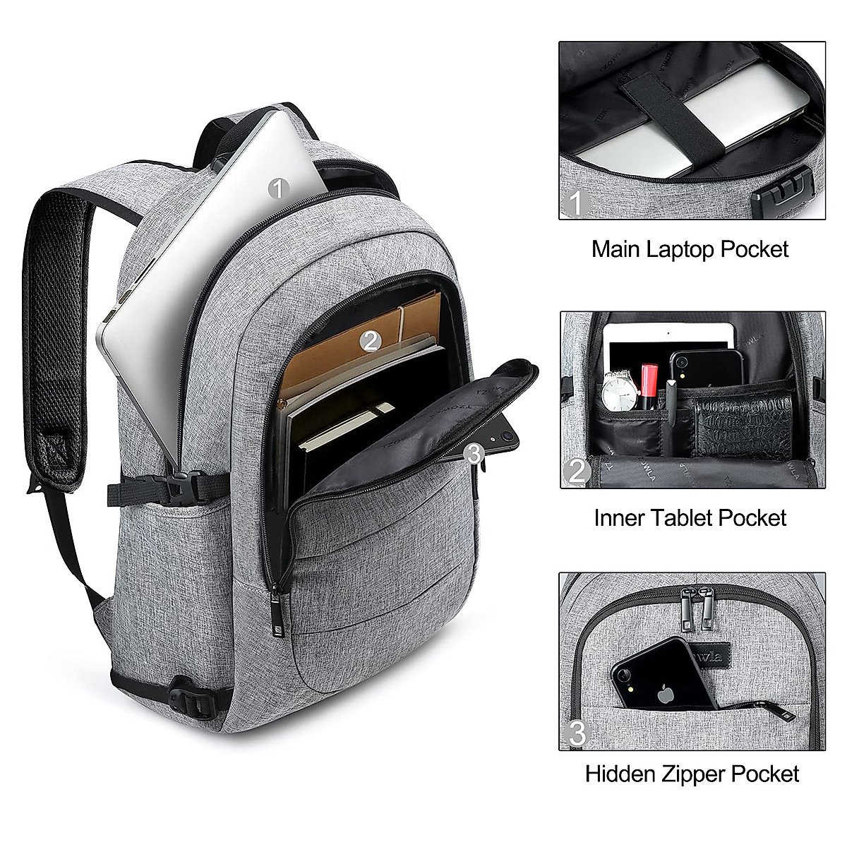 Laptop Backpack for unisex,Anti Theft Water Resistant Travel Work Backpack with USB Charging and Lock 15.6 Inch Computer Bag, Grey