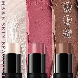 NewBang 3 Pcs Cream Blush Contour Highlighter Stick for Cheeks Eyes Lips Lightweight Dewy Finish Blush Stick Waterproof Long Lasting Contour Stick Trio Wand Face Makeup Set for Girls and Women (2+5+6)