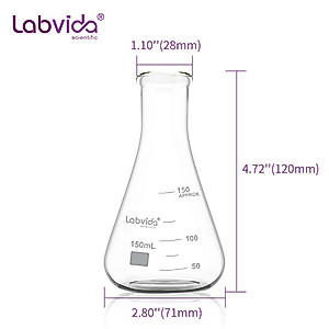 Labvida 6pcs of Narrow Mouth Glass Erlenmeyer Flasks, Vol.150ml, 3.3 Borocilicate with Printed Graduation, LVC002