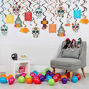 Day of the Dead Hanging Swirl Decorations 30 Ct Día de los Muertos Hanging Ceiling Spirals Decor Sugar Skull Papel Picado Marigold Flowers Cutouts for Mexican Birthday Wedding Halloween Party Supplies