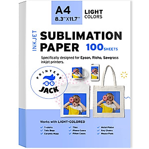 Printers Jack Sublimation Paper - Heat Transfer Paper 100 Sheets 8.3" x 11.7" for Any Epson HP Canon Sawgrass Inkjet Printer with Sublimation Ink for T shirt Mugs DIY