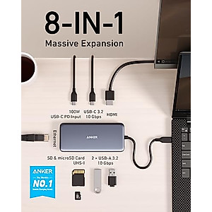 Anker 555 USB-C Hub (8-in-1), with 100W Power Delivery, 4K 60Hz HDMI Port, 10Gbps USB C and 2 A Data Ports, Ethernet microSD SD Card Reader, for MacBook Pro More