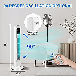 Antarctic Star Tower Fan Oscillating Fan Quiet Cooling Remote Control Powerful Standing 3 Speeds Wind Modes Bladeless Floor Fans Portable Bladeless Fan for Children Bedroom Home Office (White, 35")