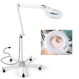 Magnifying Floor lamp with 5 Wheels Rolling Base for Estheticians - 1,500 Lumens LED Dimmable Light with Magnifying Glass, 8-Diopter Lighted Magnifier for Reading, Crafts, Sewing, Close Work(5X)