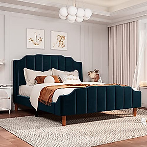 Allewie Queen Size Velvet Bed Frame Upholstered Platform Bed with Vertical Headboard and Footboard, Solid Wood Leg and Strong Slats Support, No Box Spring Needed, Easy Assembly, Blue