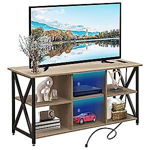 DANSION TV Stand for TVs up to 55 Inch, TV Stand with Power Outlets and LED Lights, Industrial Entertainment Center Media Console Television Stands with 6 Open Shelves for Living Room, Grey