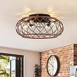 17'' Low Profile Caged Ceiling Fan with Lights Remote Control, Metal Flush Mount Indoor, 3 Speeds Adjustable, Small Industrial Ceiling Fan with Light for Living Room, Kitchen, Bedroom
