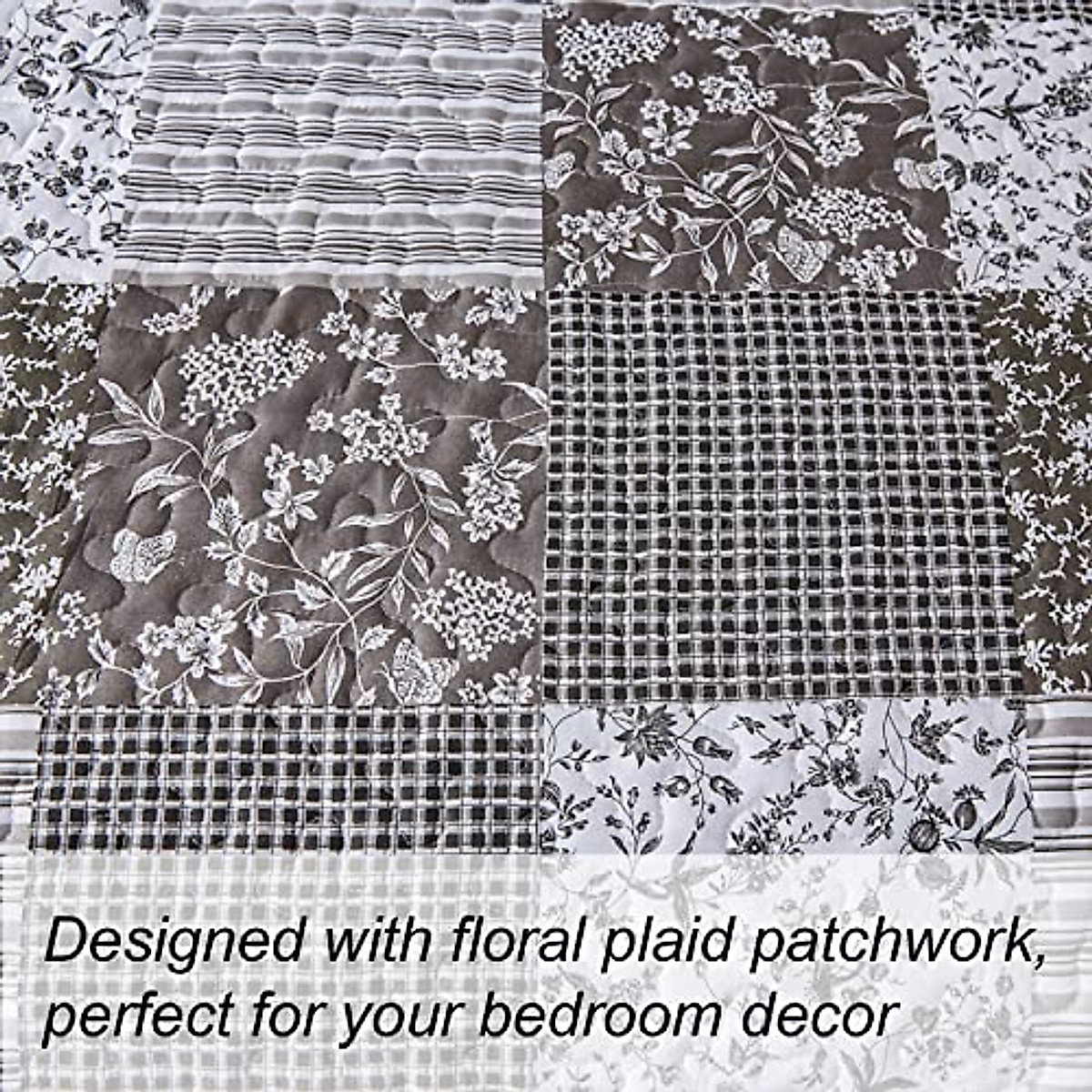 Mybedsoul Grey Boho Quilt Set King Size,3 Pieces Plaid Floral Bedspread Coverlet Set for All Season,Patchwork Reversible Bedding Set King 90"x104"