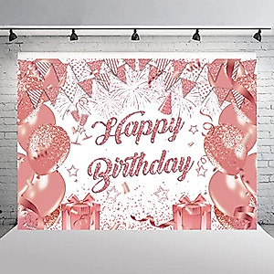 Wollmix Rose Gold Happy Birthday Decorations for Women Banner Backdrop 7x5ft Party Sweet 16 Girls Balloons Glitter Dots Photography Background Supplies Photo Booth Studio Cake Table