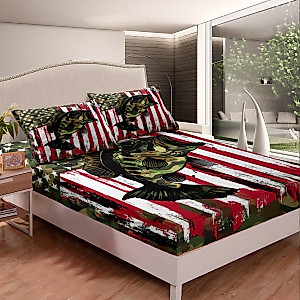Camo Pike Fish Bed Sheet Set Camouflage American Flag Bass Big Fish Fitted Sheet Fishing and Hunting Bedding Set Fisherman Bedroom Decor Military Bed Cover Queen Size with 2 Pillow Case
