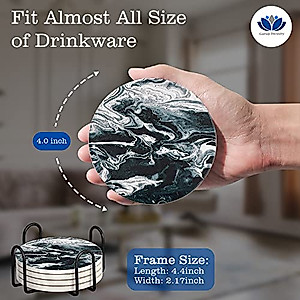 Coasters for Drinks, Round Absorbent Ceramic Stone Coasters Set of 6 with Cork Base, Funny Drink Coasters with Holder for Cold Drinks Wine Mugs and Cups Tabletop Protection, 4 Inches (Black)