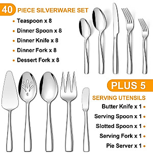 LIANYU Silverware Set, 45-Piece Flatware Set with Serving Utensils, Stainless Steel Cutlery Flatware Set for 8, Eating Utensils Tableware with Knife Fork Spoon, Mirror Finish, Dishwasher Safe