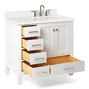 ARIEL 37" White Bathroom Vanity with 1.5" Edge Pure White Quartz Countertop & Backsplash, Right Rectangular Sink, 2 Soft Closing Doors, 5 Full Extension Dovetail Drawers, Brushed Nickel