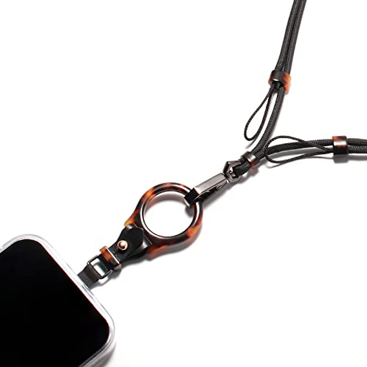 JOJOPANDA Adjustable Phone Lanyard Nylon Crossbody Shouder Strap Around Neck Strap Phone Case Patch with Acrylic Finger String Holder Ring (Black)