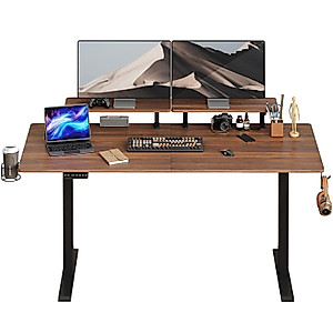 ONBRILL Standing Desk with 2 Adjustable Monitor Shelves, 47 x 24 Inches Electric Stand Up Desk with Memory Controller and Adjustable Height from 28-46 inches for Computer Workstations Brown