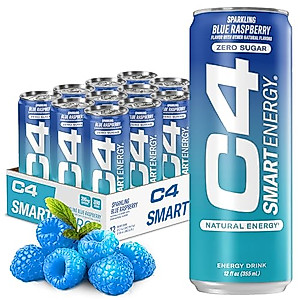 C4 Smart Energy Drink – Boost Focus and Energy with Zero Sugar, Natural Energy, and Nootropics - 200mg Caffeine - Blue Raspberry (12oz Pack of 12)