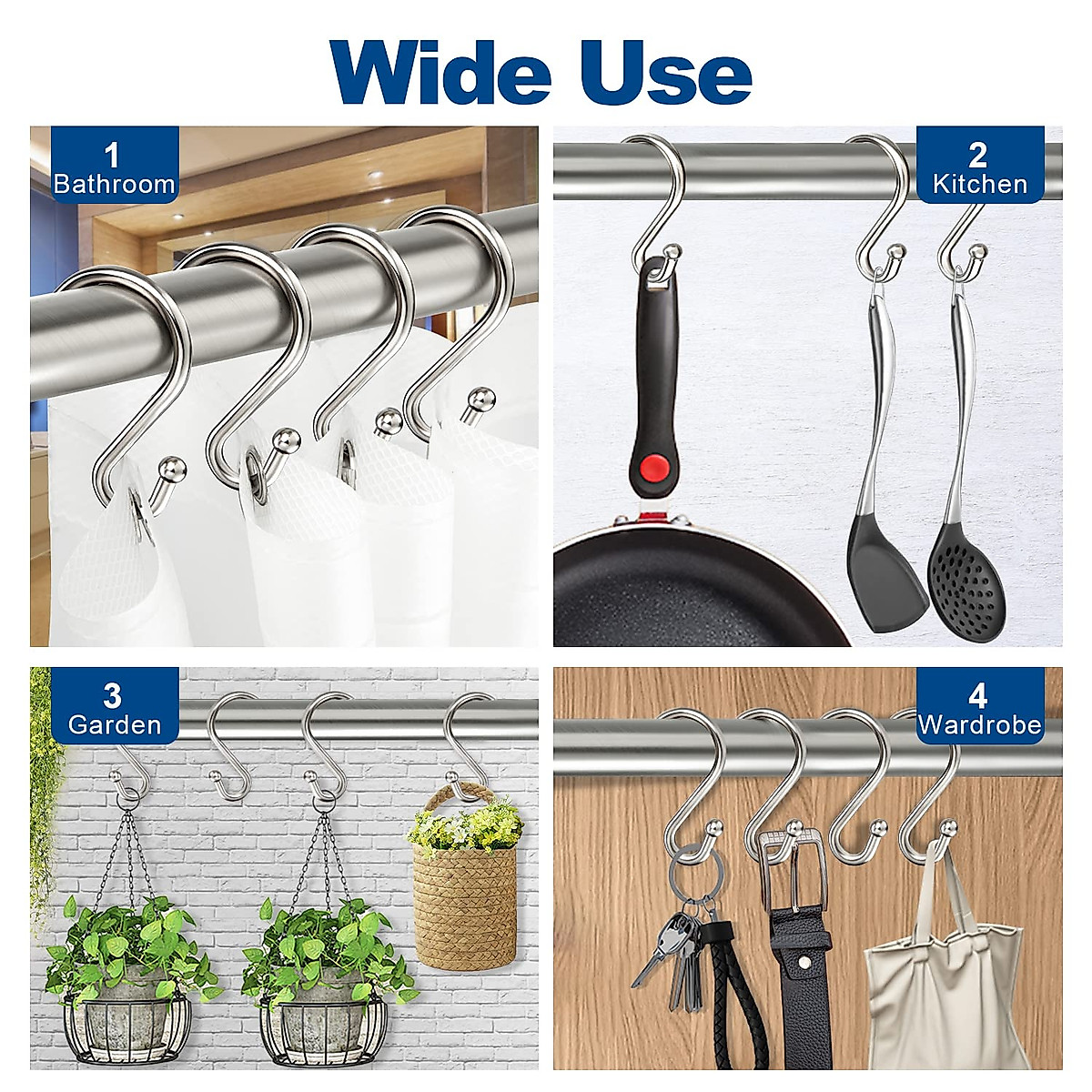 TOPROD Shower Curtain Hooks Rings, Stainless Steel S Shaped Shower Hooks Rust Proof, Shower Curtain Hangers for Shower Curtain, Kitchen, Wardrobe & Garden, Brushed Nickel, Set of 12