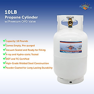 Flame King YSN10LB 10LB Steel Propane Tank Cylinder with Type 1 Overflow Protection Device Valve, for Camping, Fire Pits, Heaters, Grills, Overlanding, White