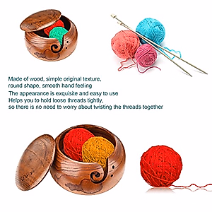 LPAYOK Wooden Yarn Bowl, Knitting Yarn Bowls with Lid, Holes, Crochets, Round Bowl Holder Handmade Yarn Storage Bowl Perfect for DIY Craft Knitting Crocheting 6.3x3.7