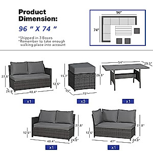 Patiorama 7 Pieces Patio Furniture Set, All Weather Grey Wicker Rattan Conversation Set, Outdoor Dining Sectional Sofa Set, w/Table Chair Ottomans, Plastic Wood Top for Garden Pool Deck-Grey Cushion