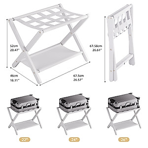 HITNET White Luggage Rack, Set of 2, Folding Suitcase Stand with Storage Shelf, Bamboo Luggage Holder with 5 Nylon Straps for Guest Room Bedroom Hotel