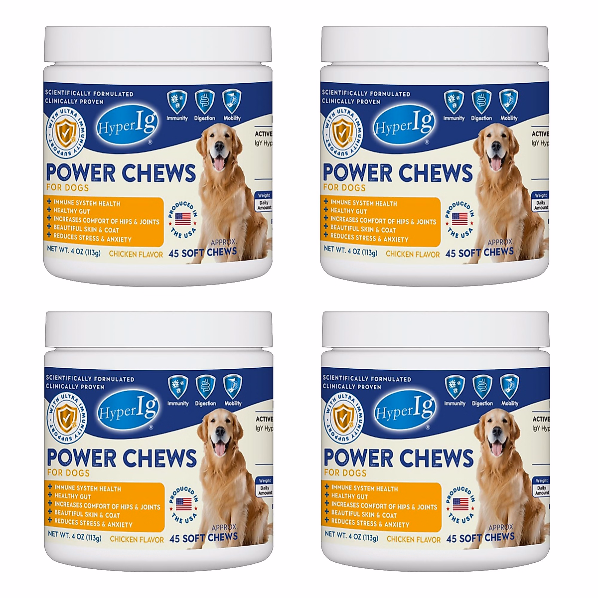 Power Chews for Dogs - Chicken Flavor, IgY Hyperimmune Protein for Immune System Health, Joint Support, Stress & Anxiety Relief, and Healthy Skin & Coat – 45 Soft Chews, 113g - 4 Cans (4 Canister)