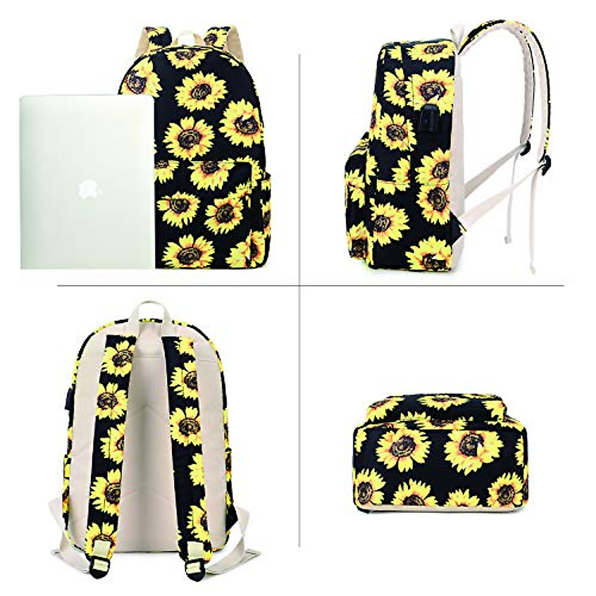 Natayoo Sunflower School Backpack for Girls Women Water Resistant Laptop Backpack with USB Charging Port, Lightweight College Bookbag