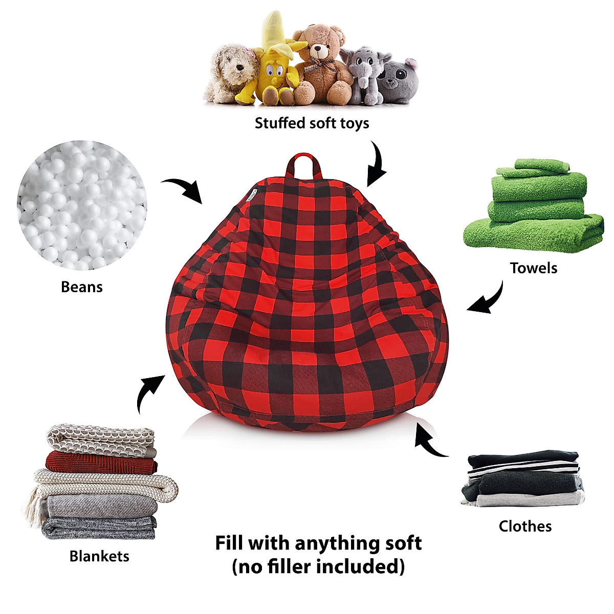 Delmach Bean Bag Cover | Comfortable Adult Size | Stuffed Animal Storage | Cozy Chair | Cotton Canvas | Buffalo Check Plaid | No Filler