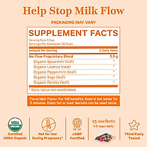 Pink Stork No Flow - Organic Sage Tea to Dry Up Breast Milk Supply and Decrease Milk Production, Stop Breastfeeding, Wean Lactation Naturally, Postpartum Essentials - 15 Sachets