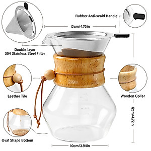 COPOTEA Pour Over Coffee Maker with Double Layer Stainless Steel Filter, 28oz / 800ml Coffee Dripper Brewer, High Heat Resistant Carafe, Wooden Collar Coffee Carafe