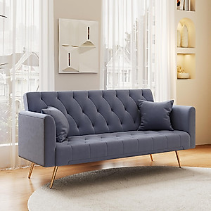 72"Modern Velvet Sofa Bed Futon,Convertible Folding Sleeper Bed Couches with 3 Adjustable Backrests,Tufted Recliner Loveseat with Golden Chrome Legs for Small Living Room Office (Dark Grey+pillows)