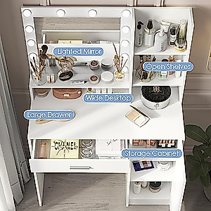 Palimder Vanity Dresser with Mirror & Light, Large Drawer & Three Level Storage Dresser, 3 Lighting Modes Adjustable Brightness, Bedroom Dressing Table (White)