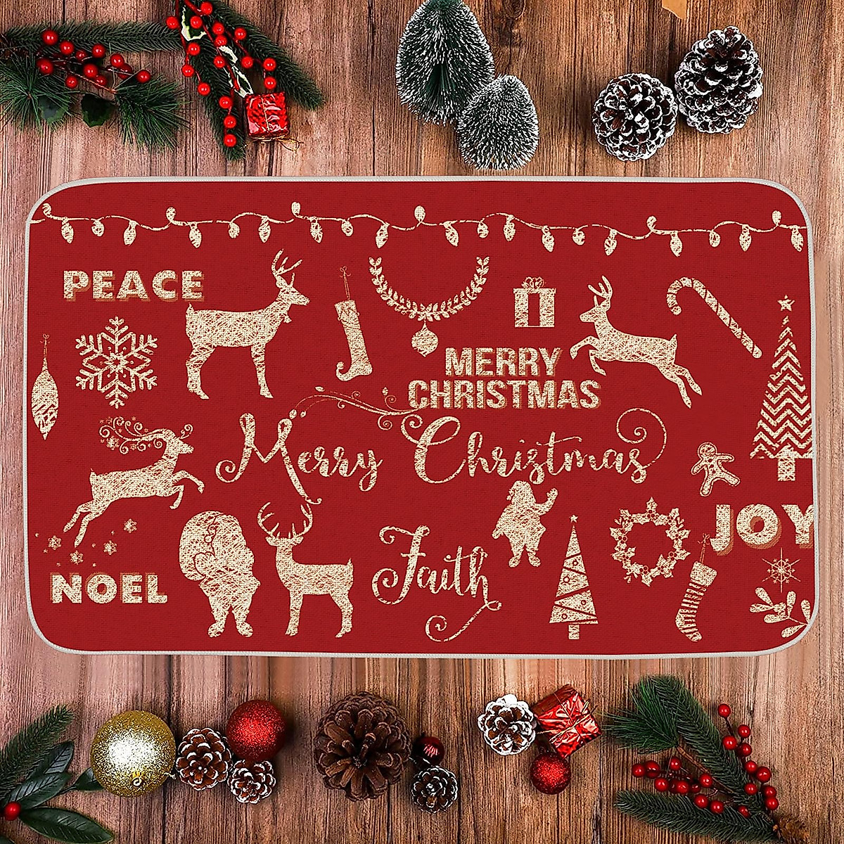 ONWAY Christmas Door Mat Xmax Redindeer Tree Red Doormat Seasonal Winter Holiday Low-Profile Floor Rug Switch Mat for Indoor Outdoor 29x17 Inch