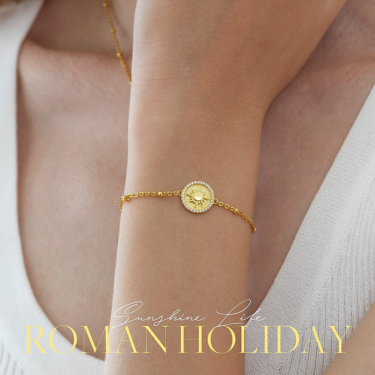 CDE Sun Bracelets for Women 925 Sterling Silver Adjustable 14K Gold Plated Charm Link Bracelet, Birthday Anniversary Christmas Jewelry Gifts for Women Wife Girlfriend Her Daughter