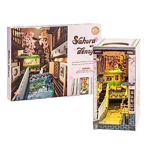 Rolife DIY Book Nook Kit 3D Wooden Puzzle for Adults 8.7" Bookshelf Indert Decor with LED Miniature Dollhouse Kit Bookend Crafts Diorama Hobbies Gifts for Boys Girls (Sakura Densya)