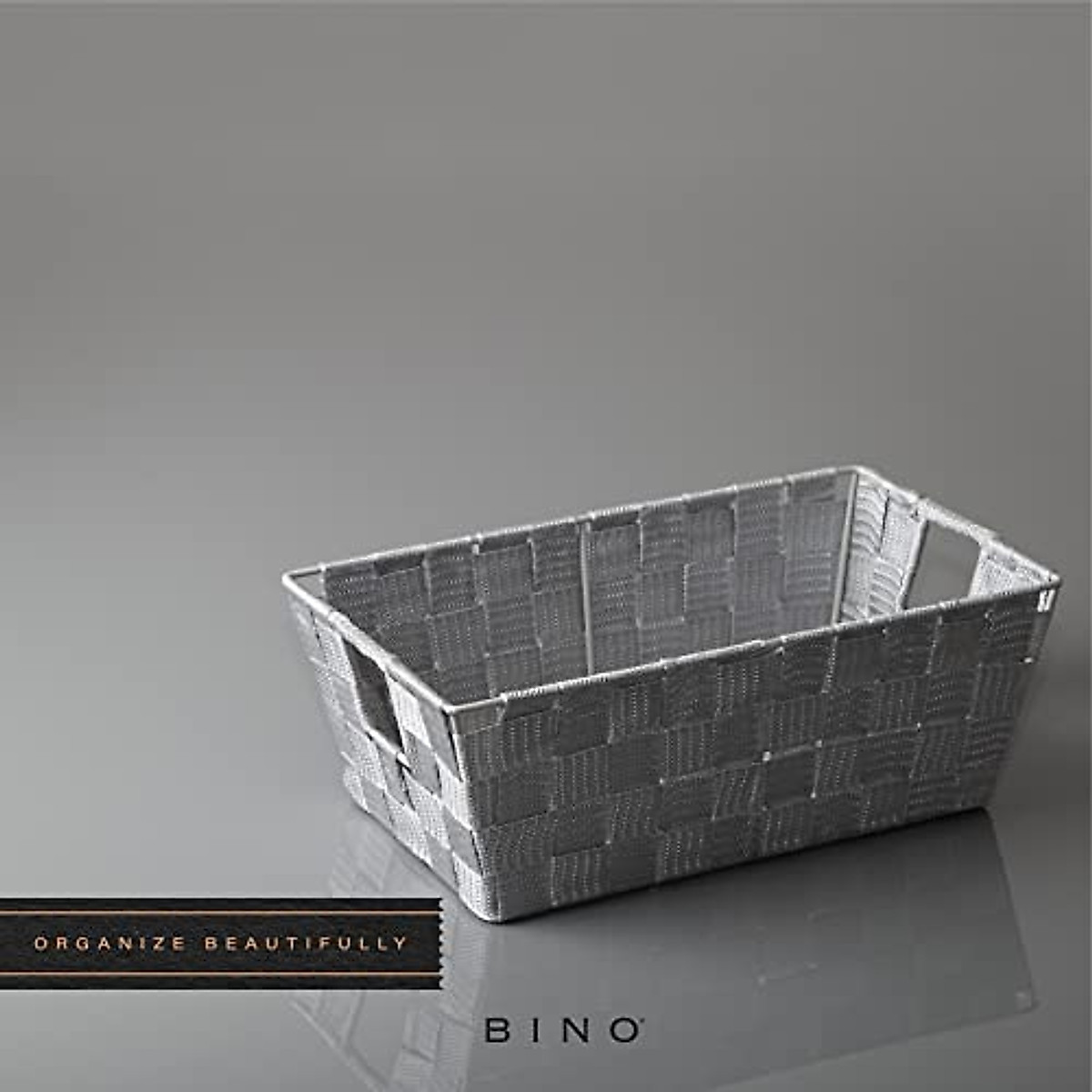 BINO 3 Pack Woven Strap Storage Basket Organizer - Shelf/Under Bed Organizers with Built-in Carry Handles, Light Grey (Small)