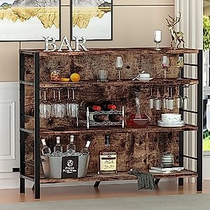 PAKASEPT Home Bar Unit, Industrial Liquor Bar Cabinet Table with Stemware Racks Storage and Footrest, Freestanding Mini Bar Wine Cabinet for Home Kitchen Pub