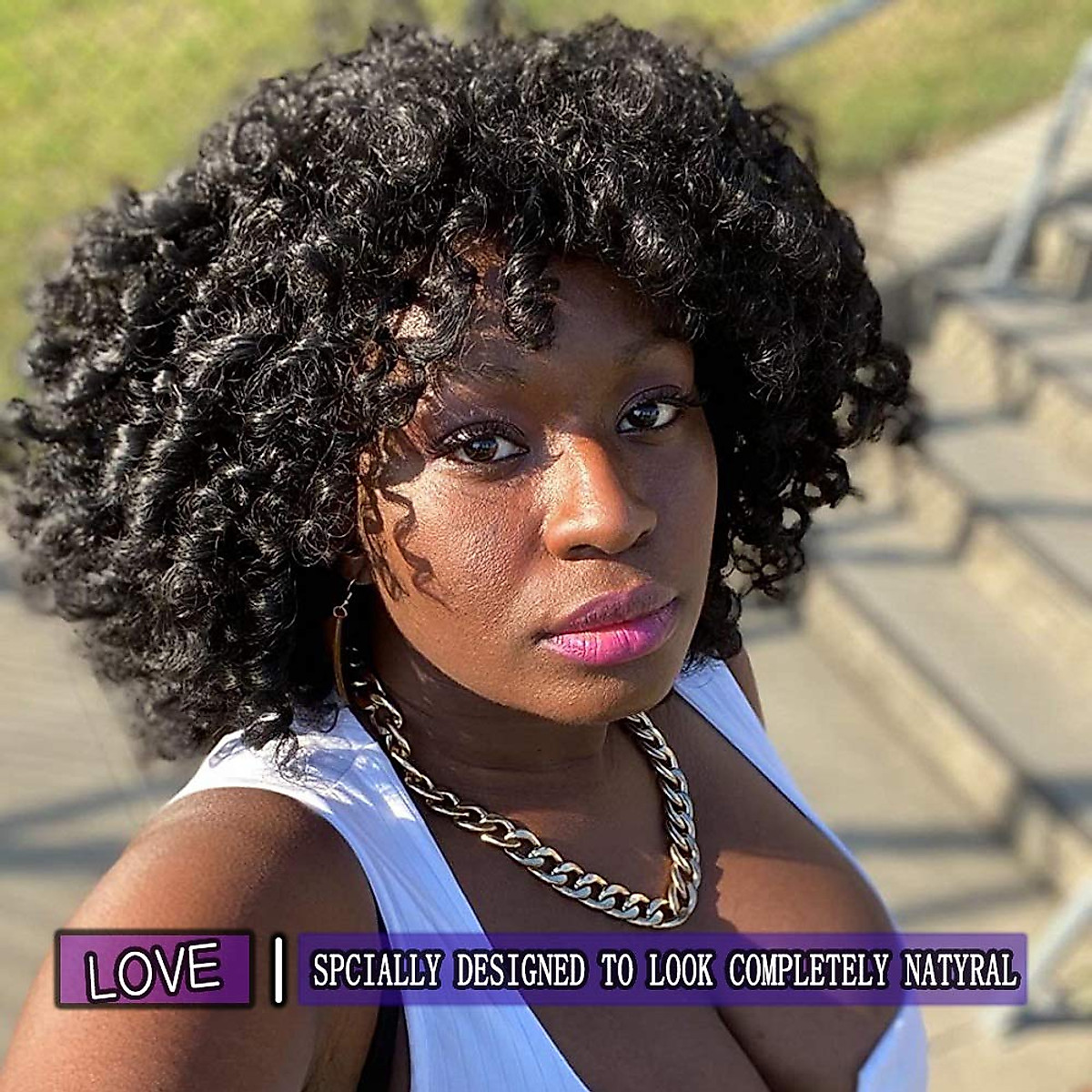 YEAME Curly Wigs for Black Women - Afro Curly Wig with Bangs Natural Black Hair Synthetic Heat Resistant Full Wigs with 1 Wig Comb and 4pcs Wig Caps