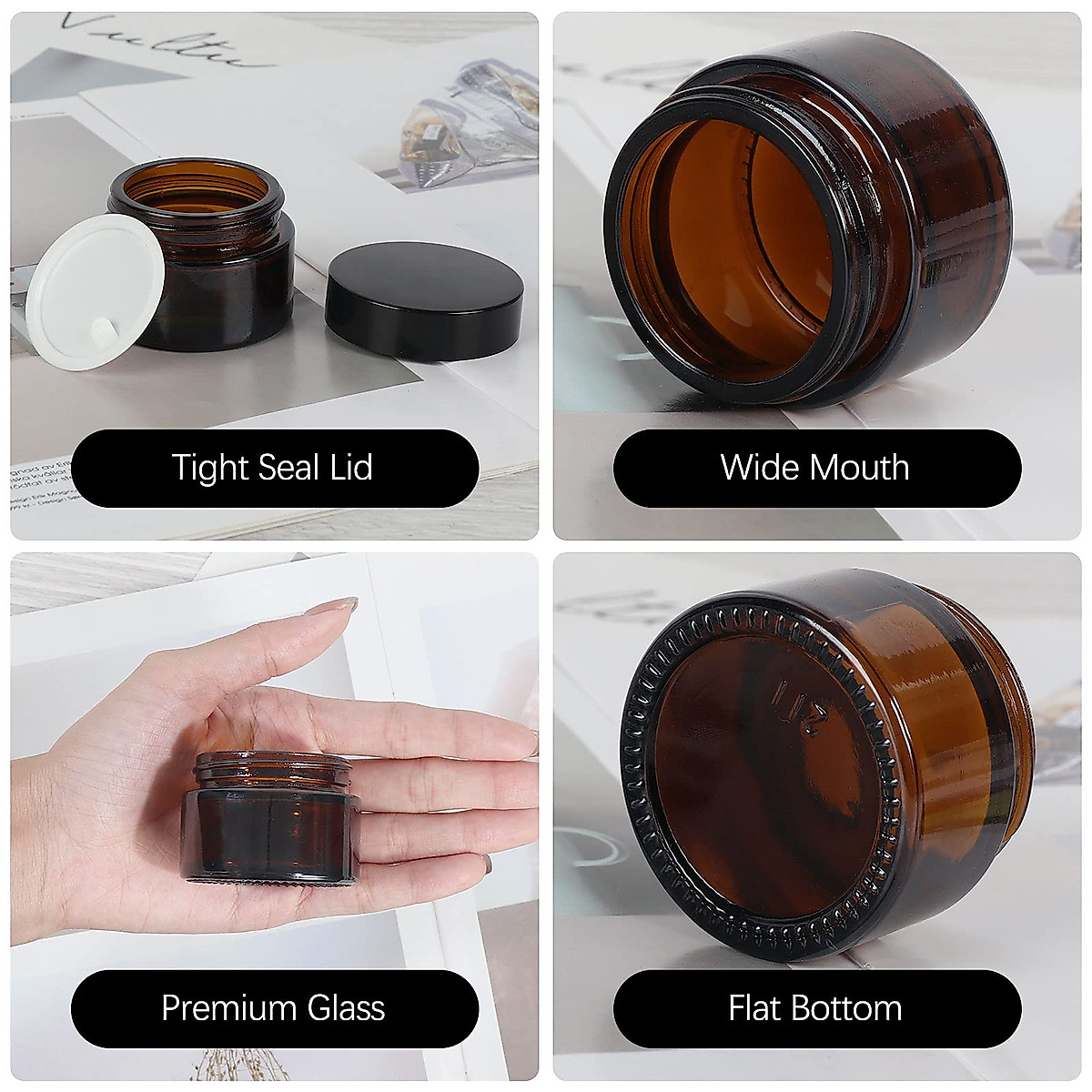 15 Pack 1 oz Empty Amber Glass Jars, 30ml Round Refillable Cosmetic Container Storage Jars with Inner Liners and Black Lids,Perfect Travel Jars for Cosmetics,Face Cream Lotion and More Beauty Products
