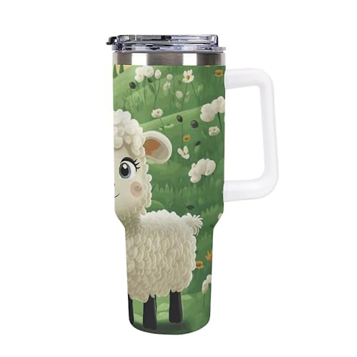 LLUTSNTH 40 Oz Vacuum Tumbler with White Handle Leakproof Insulated Tumbler Cute Cartoon Sheep Stainless Steel Travel Mug with Lid And Straw Coffee Cup Cute Water Bottles Cup Holder Friendly