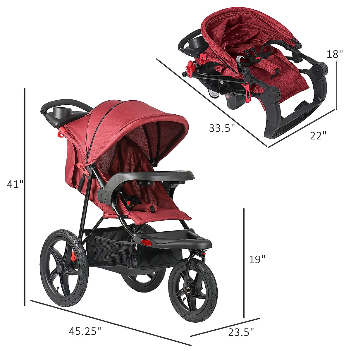 Qaba Baby Stroller Foldable Carriage for Toddler with Adjustable Backrest and Canopy Suspension System Rubber Tire 5-Point Harness Cup Holder Storage Basket Red