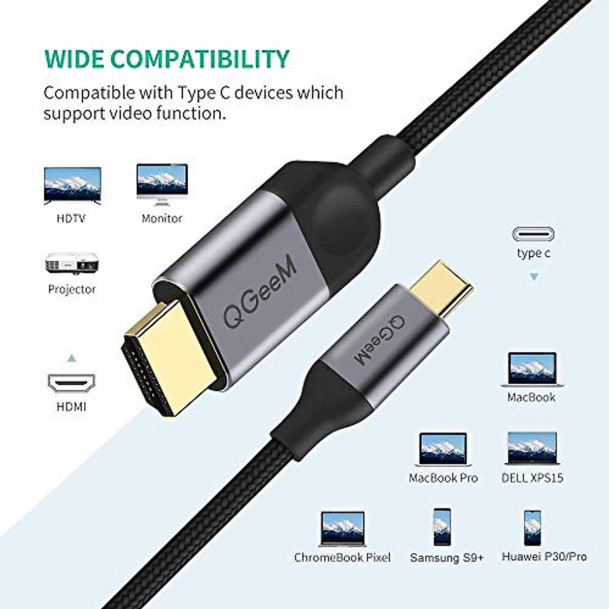 QGeeM USB C to HDMI Cable, USB Type C to HDMI Cable 4ft 4k Thunderbolt 3 Compatible with MacBook Pro 2020, IPad pro, Samsung S9 S10, Surface Book 2