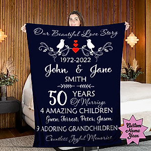 BL108 Personalized Our Beautiful Love Story 50 Years of Marriage Gift for Parents Couple On Valentine, Wedding Anniversary Blanket (Multicolor)
