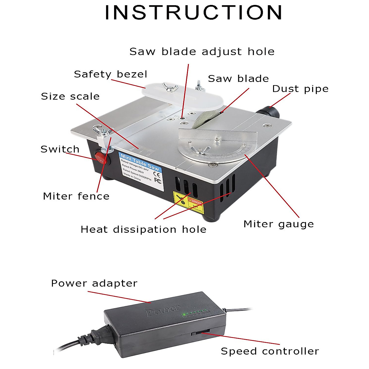 Mini Table Saw, RTOVZON 96W Mini Desktop Electric Saw Cutter 7.1"x5.5", Cut Thickness Adjustable Precision Craft Table Saw with Speed & Angle Adjust 4* Blades, Available for Wood/PCB/Acrylic/Plastic
