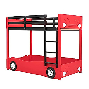 OYN Twin Over Twin Car-Shaped Bunk Bed Frame with Wheels for Children Teens Boys and Girls, Red