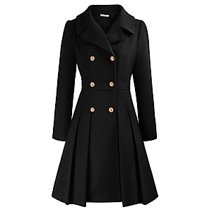 GRACE KARIN Women's Double Breasted Overcoat Pleated A-Line Blends Black Trench Coat M